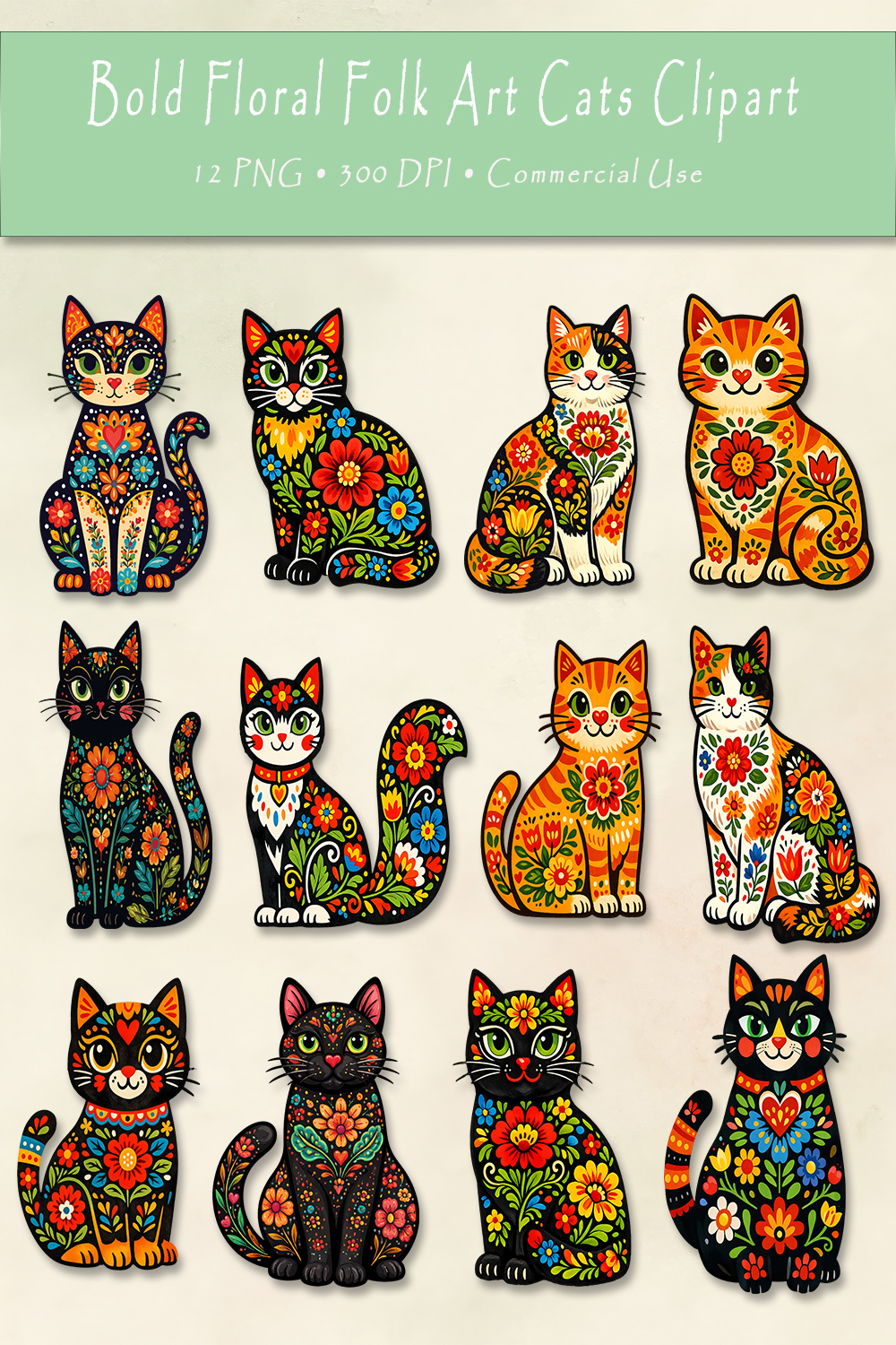 Bold Floral Folk Art Cats Clipart – 12 PNG, Commercial Use - Creative ...